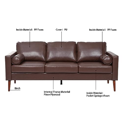 Pabby Yard PU Leather Sectional Sofa 3 Seat Comfy Couches Soft Cushion Sofa with Wooden Legs and 2 Pillows, Mid-Century Modern Sofa Classic Small Spaces Couches Living Room Furniture, Brown