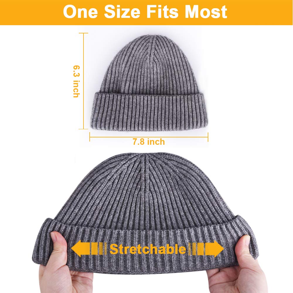 3 Pack Wool Fisherman Beanies for Men, Short Knit Watch Cap Cuffed Trawler Hats,H