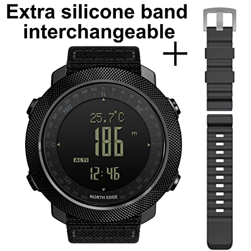 North Edge Apache Tactical Sports Watches for Men Outdoor Survival Military Compass Rock Solid Digital Watches with Durable Band, Steps Tracker Pedometer Calories (Black)