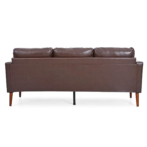 Pabby Yard PU Leather Sectional Sofa 3 Seat Comfy Couches Soft Cushion Sofa with Wooden Legs and 2 Pillows, Mid-Century Modern Sofa Classic Small Spaces Couches Living Room Furniture, Brown