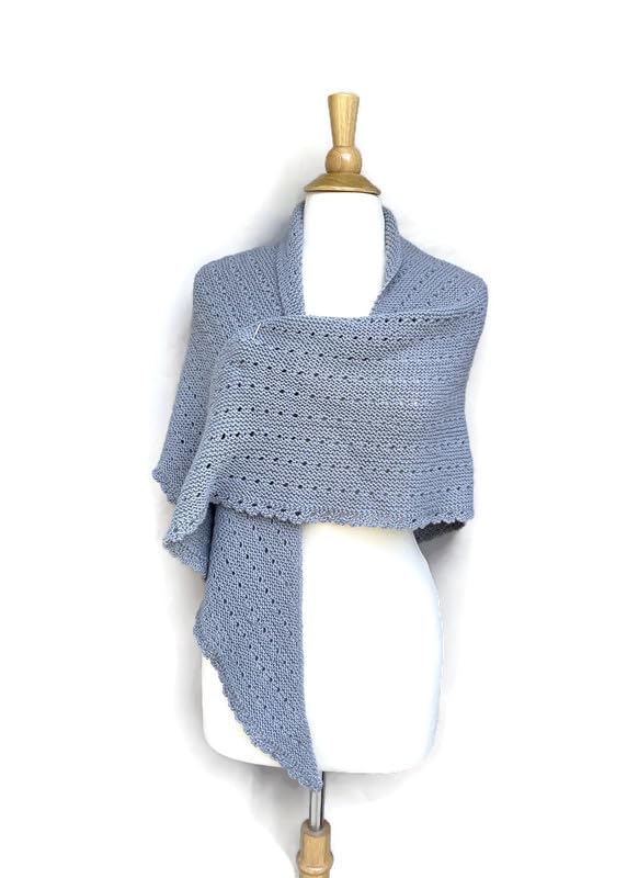 Gray Shawl Wrap in Merino Wool, Hand Knit Shoulder Shawl or Large Scarf with Scallop Lace Design, Vintage Style