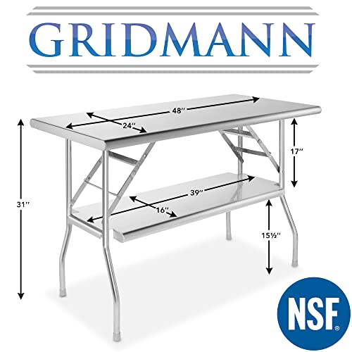 GRIDMANN Stainless Steel Folding Table 48 x 24 Inch with Under Shelf, NSF Kitchen Prep & Work Table