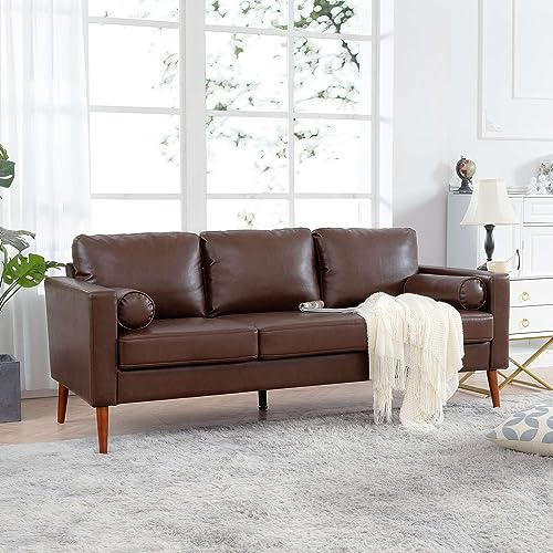 Pabby Yard PU Leather Sectional Sofa 3 Seat Comfy Couches Soft Cushion Sofa with Wooden Legs and 2 Pillows, Mid-Century Modern Sofa Classic Small Spaces Couches Living Room Furniture, Brown