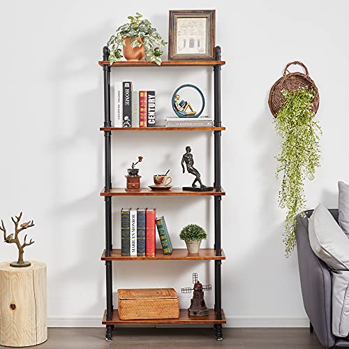 Anynice Industrial Bookshelf, Bookcases and Book Shelves 5 Shelf,Pipe Bookshelf, Industrial Pipe Shelving, Pipe Shelves(Rustic Brown, 29.5" L x 11.8" W x 70" H)