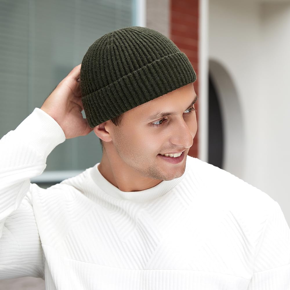 3 Pack Wool Fisherman Beanies for Men, Short Knit Watch Cap Cuffed Trawler Hats,H