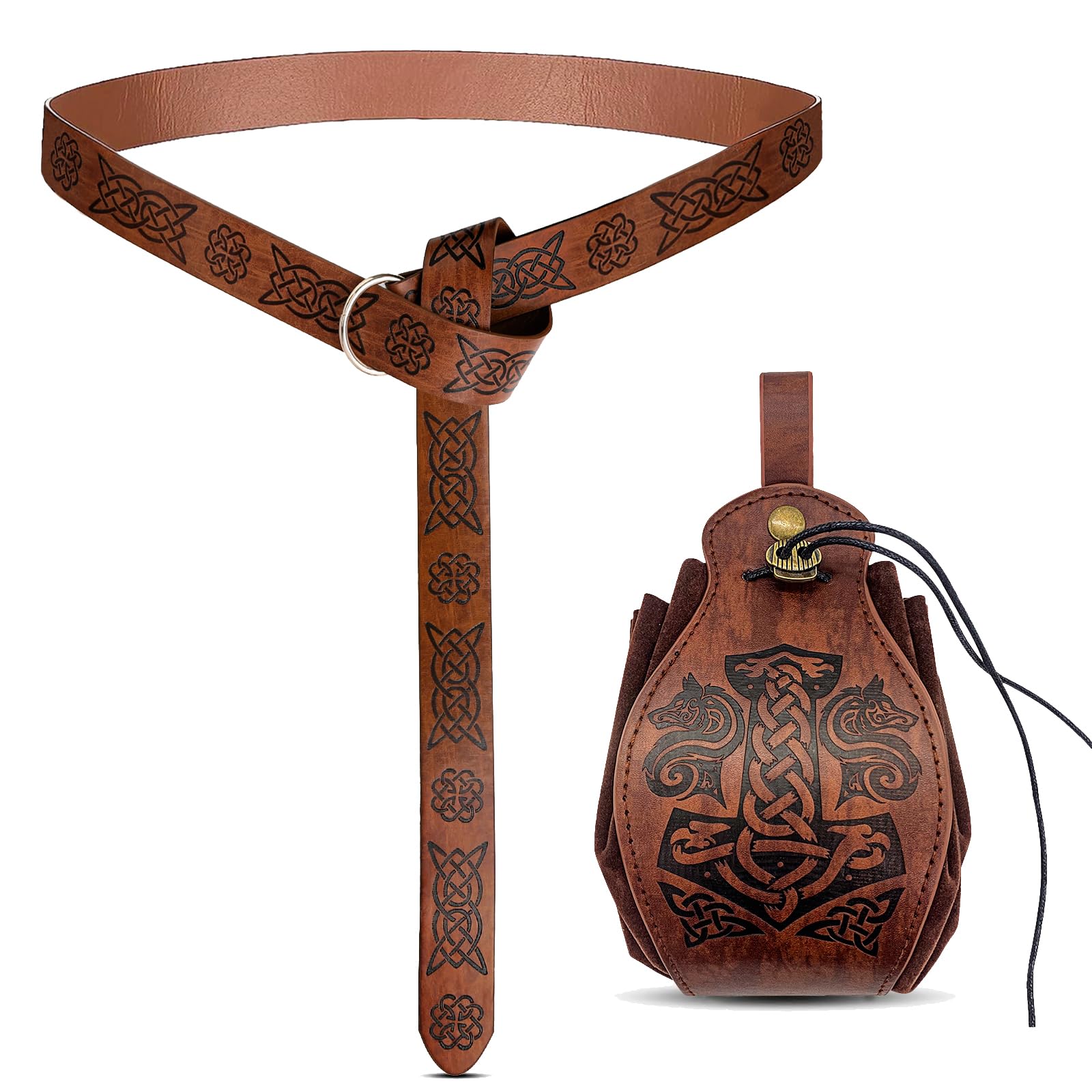 Medieval Leather Belt Pouch Renaissance Belt Bag - Halloween Viking Pirate Knight Costume Accessories for Men and Women,Vintage Embossed Brown Belt with Coin Purse Set for Ren Faires Cosplay and LARP