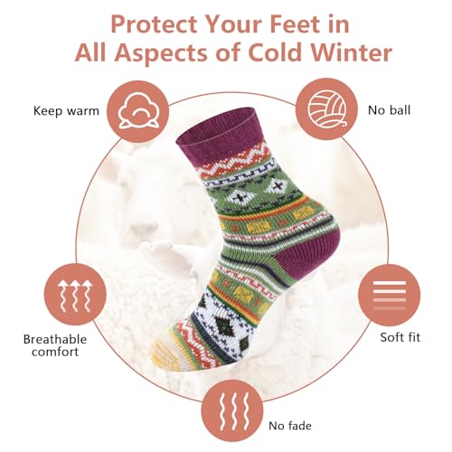 FYC Winter Womens Socks - Wool Warm Thick Knit Cozy Crew Casual Vintage Soft Socks for Women - Christmas Gifts - 5 Pairs