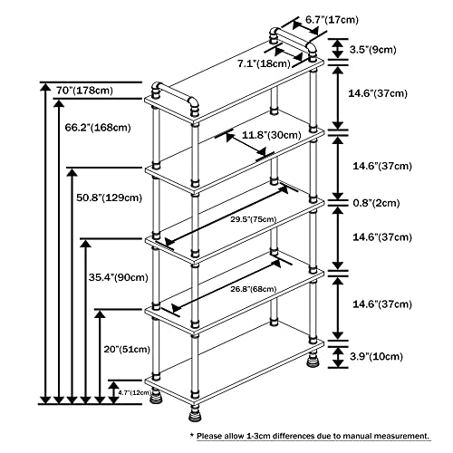 Anynice Industrial Bookshelf, Bookcases and Book Shelves 5 Shelf,Pipe Bookshelf, Industrial Pipe Shelving, Pipe Shelves(Rustic Brown, 29.5" L x 11.8" W x 70" H)