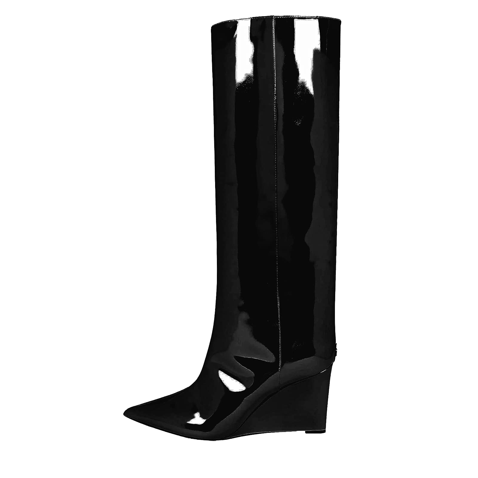 THESHY Women‘s Pointed Toe Knee High Boot Wedge Metallic High Heel Thigh High Boot Patent Leather Pull on Shoes