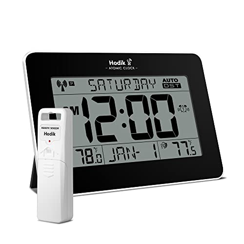 HODIK Atomic Clock with Indoor Outdoor Temperature Wireless, Large 11.4 Inch LCD Display for Easy Reading, Self-Setting Battery Powered Table Clock or Wall Clock with High Precision Sensor