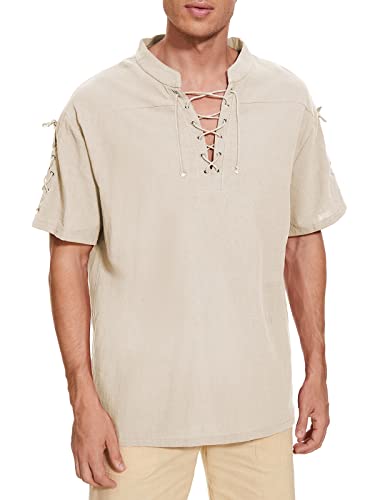 Men's Pirate Shirt Renaissance Medieval Retro Steampunk Gothic Viking Lace up T Shirt Ren Faire Halloween Costume Top 01 Beige Medium
