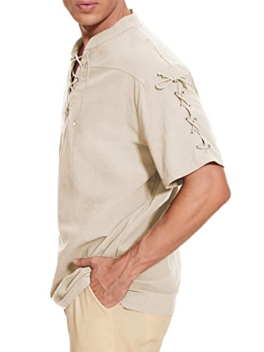 Men's Pirate Shirt Renaissance Medieval Retro Steampunk Gothic Viking Lace up T Shirt Ren Faire Halloween Costume Top 01 Beige Medium