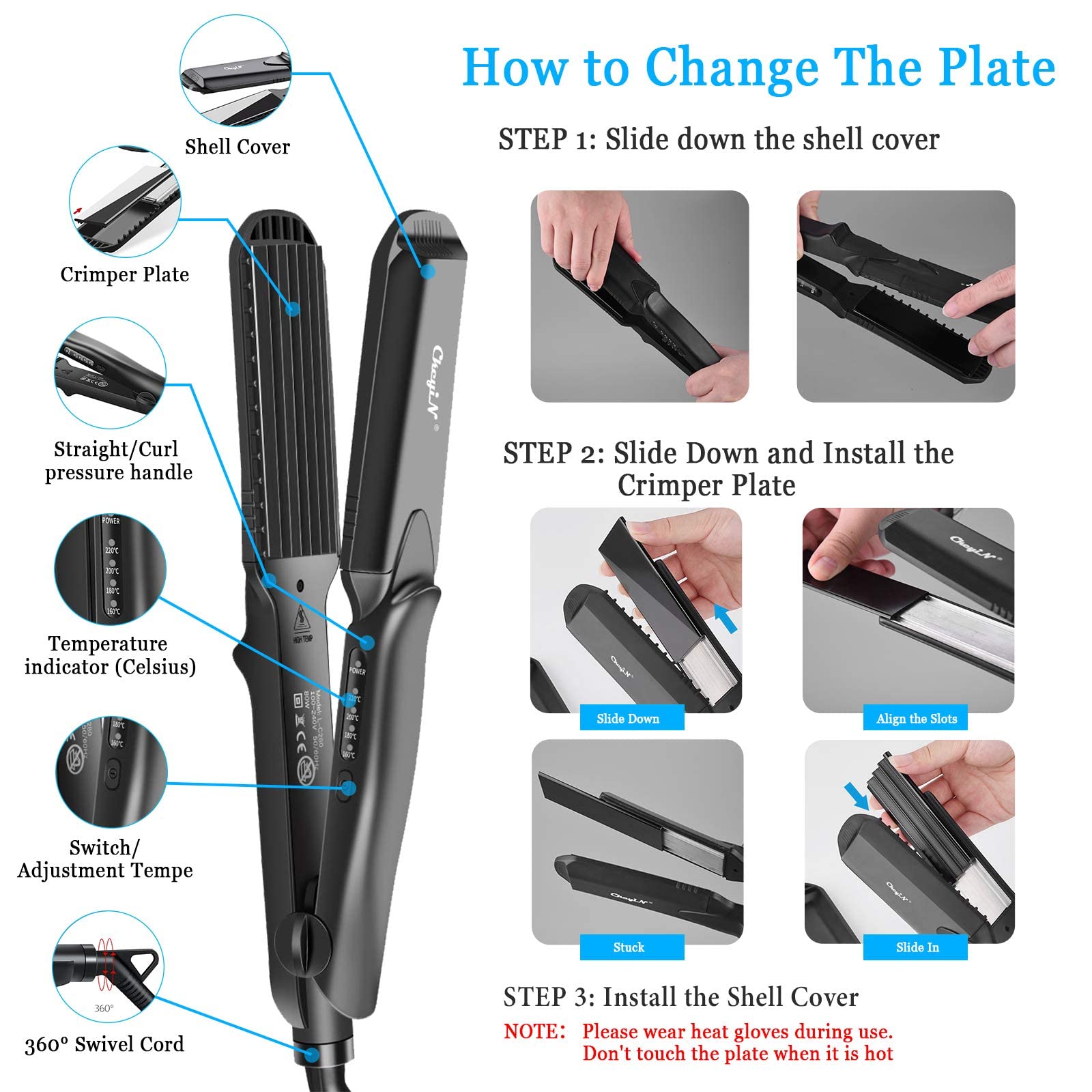 Hair Crimper, Crimping Irons Hair Straightener Flat Iron with 4 Interchangeable Tourmaline Ceramic Plate Adjustable Temperature for All Hair Type
