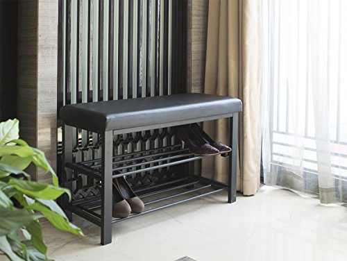 Finnhomy Entryway Shoe Rack with Cushioned Seat, 2 Shelves Storage Bench w/Faux Leather Top Bed Bench, Black