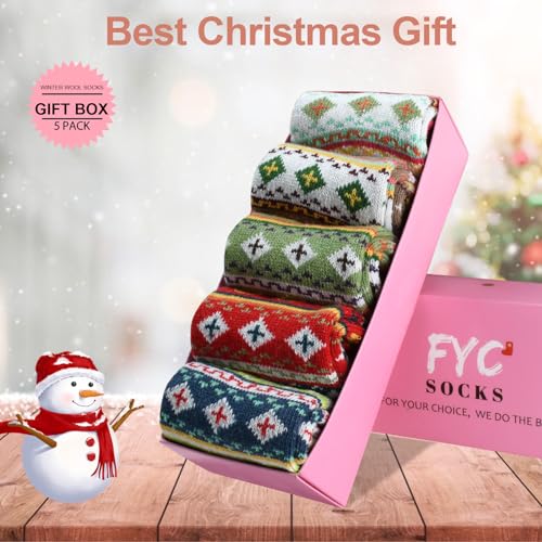 FYC Winter Womens Socks - Wool Warm Thick Knit Cozy Crew Casual Vintage Soft Socks for Women - Christmas Gifts - 5 Pairs