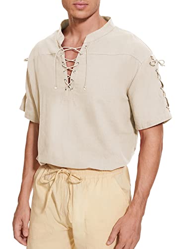 Men's Pirate Shirt Renaissance Medieval Retro Steampunk Gothic Viking Lace up T Shirt Ren Faire Halloween Costume Top 01 Beige Medium