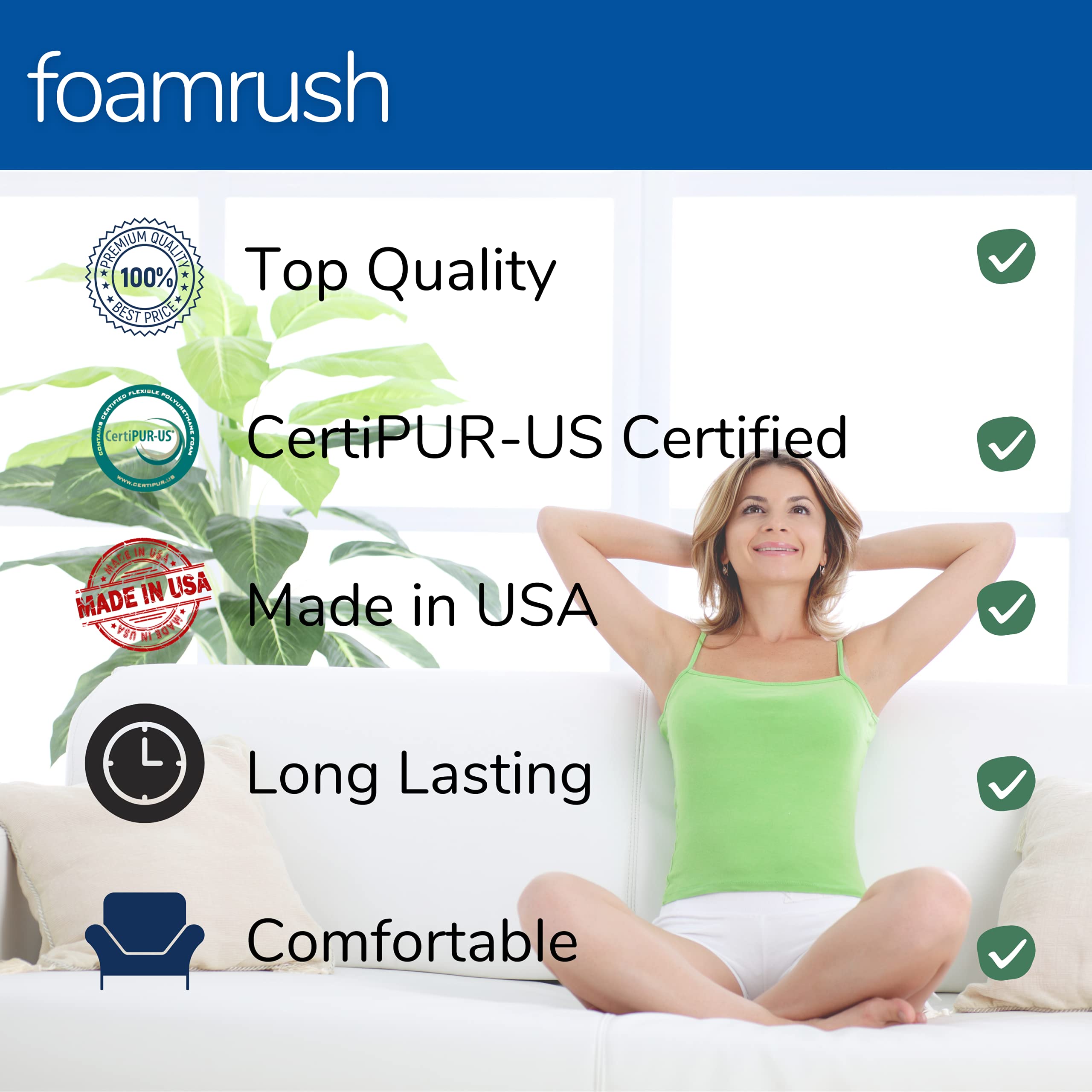 FoamRush 6" x 22" x 22" Upholstery Foam High Density Firm Soft Support (Chair Cushion Square Foam for Dining Chairs, Wheelchair Seat Cushion Replacement)
