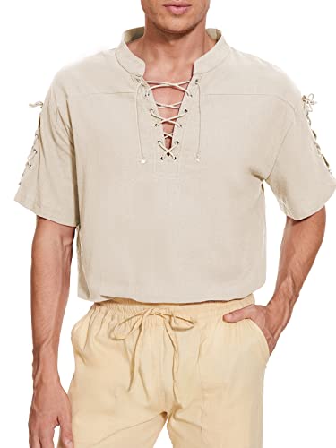 Men's Pirate Shirt Renaissance Medieval Retro Steampunk Gothic Viking Lace up T Shirt Ren Faire Halloween Costume Top 01 Beige Medium