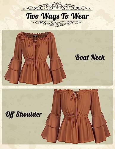 Womens Peplum Tops Boho Renaissance Shirt Bell Sleeve Peasant Blouse Dressy Casual Summer Top Orange 2XL