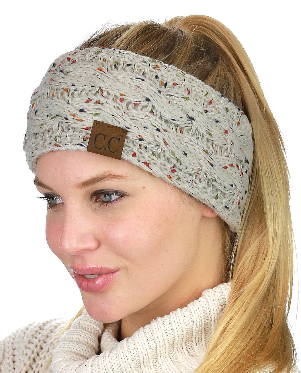 C.C Soft Stretch Winter Warm Cable Knit Fuzzy Lined Ear Warmer Headband, Confetti Oatmeal