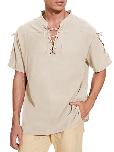 Men's Pirate Shirt Renaissance Medieval Retro Steampunk Gothic Viking Lace up T Shirt Ren Faire Halloween Costume Top 01 Beige Medium