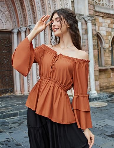 Womens Peplum Tops Boho Renaissance Shirt Bell Sleeve Peasant Blouse Dressy Casual Summer Top Orange 2XL