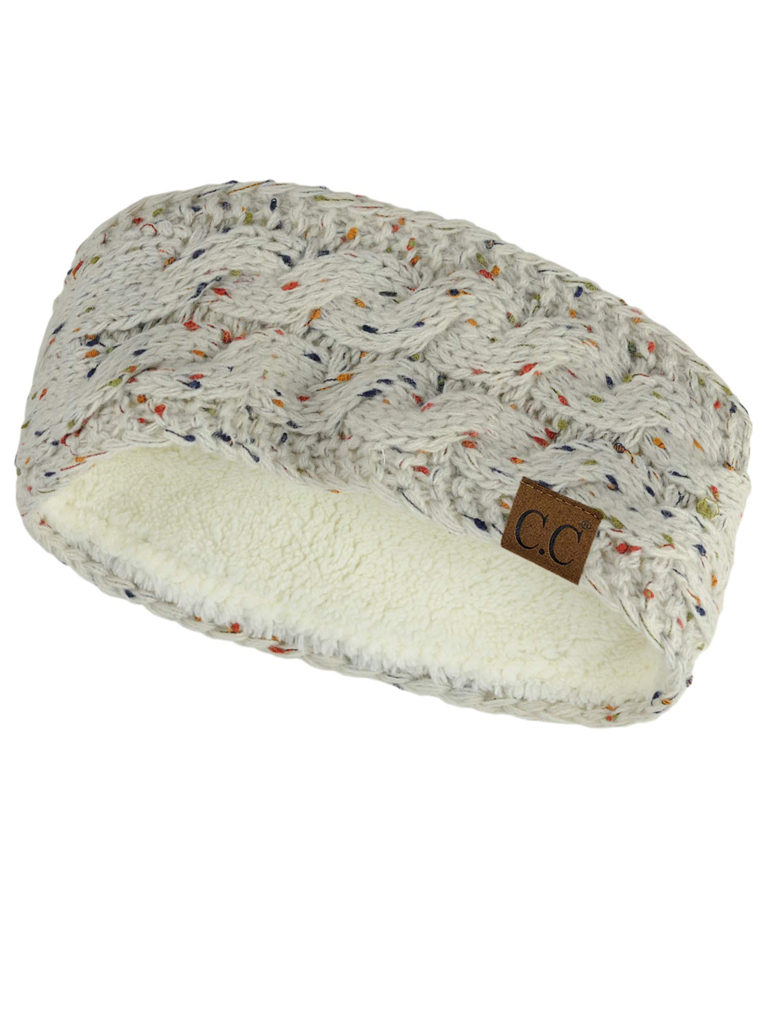 C.C Soft Stretch Winter Warm Cable Knit Fuzzy Lined Ear Warmer Headband, Confetti Oatmeal