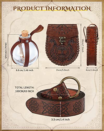 Jiuguva 3 Pcs Medieval Viking Belt Leather Renaissance Belt Pouch Cork Potion Bottle Medieval Bag Renaissance Accessories(Brown, Two Dragons)