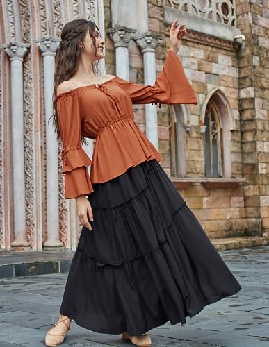Womens Peplum Tops Boho Renaissance Shirt Bell Sleeve Peasant Blouse Dressy Casual Summer Top Orange 2XL
