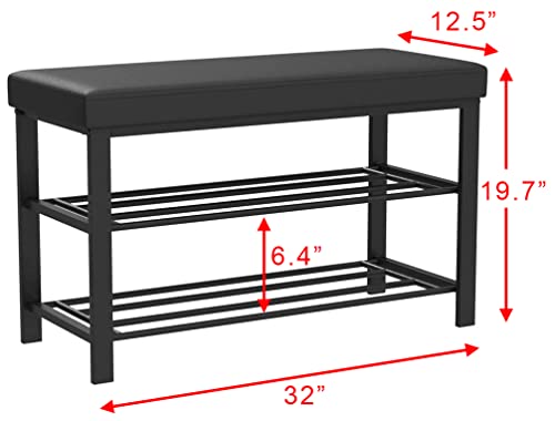 Finnhomy Entryway Shoe Rack with Cushioned Seat, 2 Shelves Storage Bench w/Faux Leather Top Bed Bench, Black