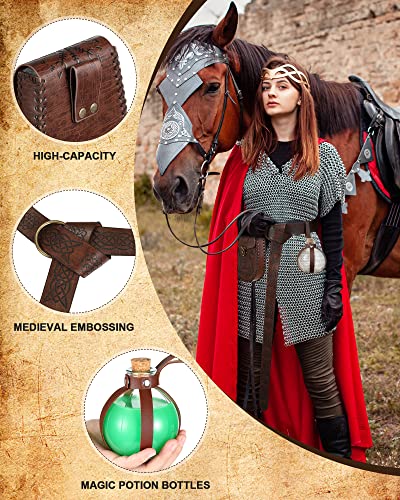 Jiuguva 3 Pcs Medieval Viking Belt Leather Renaissance Belt Pouch Cork Potion Bottle Medieval Bag Renaissance Accessories(Brown, Two Dragons)
