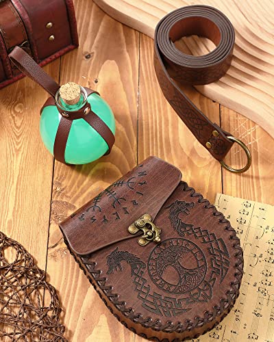 Jiuguva 3 Pcs Medieval Viking Belt Leather Renaissance Belt Pouch Cork Potion Bottle Medieval Bag Renaissance Accessories(Brown, Two Dragons)