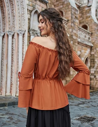 Womens Peplum Tops Boho Renaissance Shirt Bell Sleeve Peasant Blouse Dressy Casual Summer Top Orange 2XL