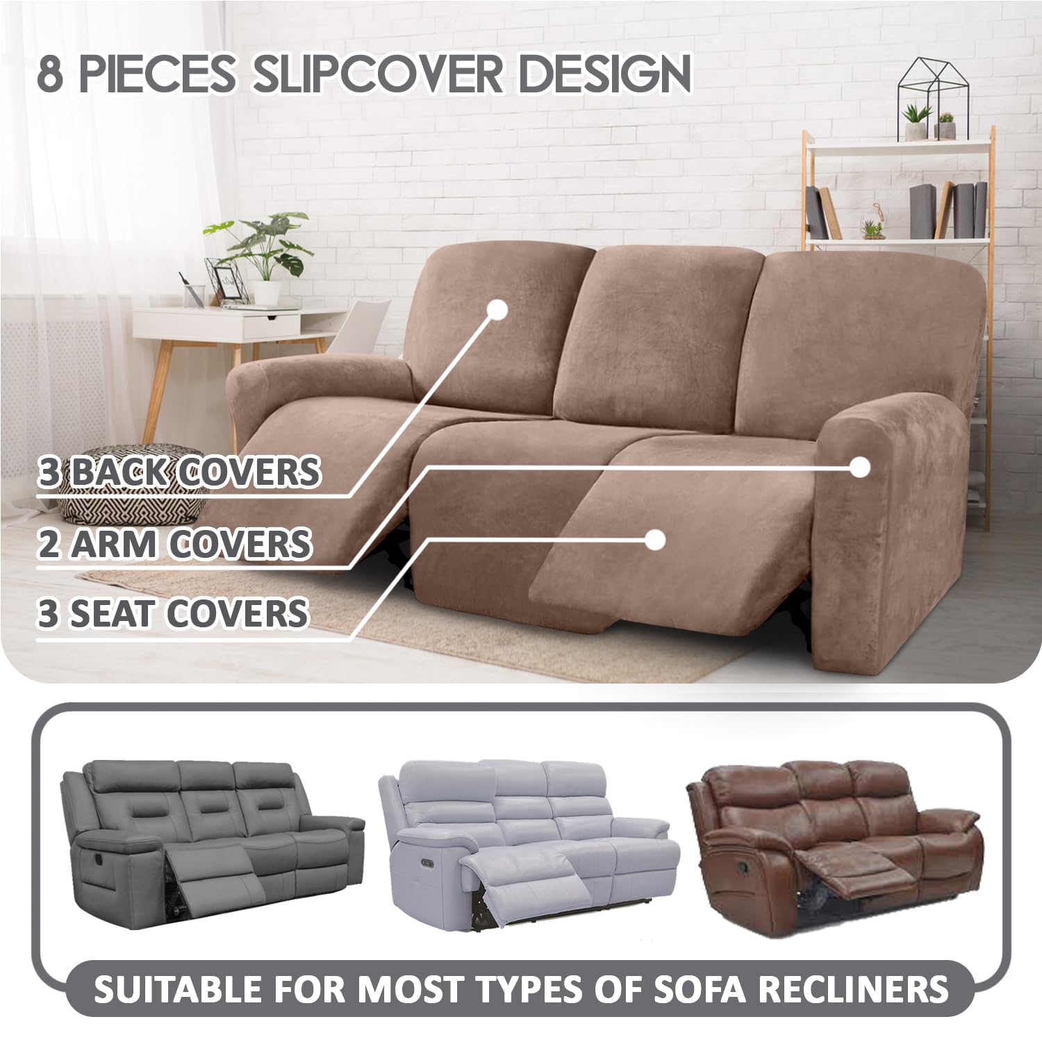 ULTICOR Velvet 8-Pieces Recliner Sofa Covers Stretch Reclining Couch Covers for 3 Cushion Reclining Sofa Slipcovers Furniture Covers Thick Soft Washable (3 Seater Recliner Cover, Sand)