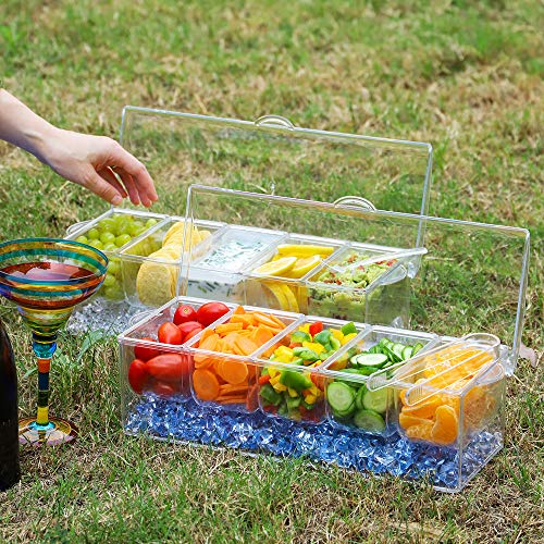 MJM Condiment Server, Condiment Tray, ice Party Serving bar, Chilled Caddy, bar Garnish Holder on ice, Condiment Dispenser, Salad Platter, Compartment Condiment Tray with lid