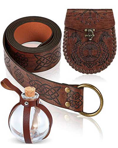 Jiuguva 3 Pcs Medieval Viking Belt Leather Renaissance Belt Pouch Cork Potion Bottle Medieval Bag Renaissance Accessories(Brown, Two Dragons)