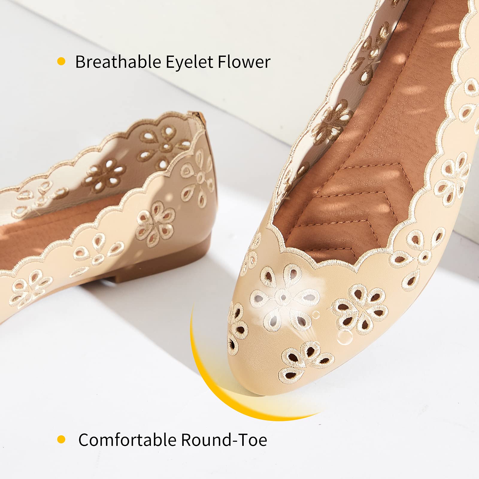 FRACORA Women's Ballet Flats Black PU Leather Dress Shoes Comfortable Round Toe Slip on Flats with Breathable Eyelets(Apricot.US9.5)