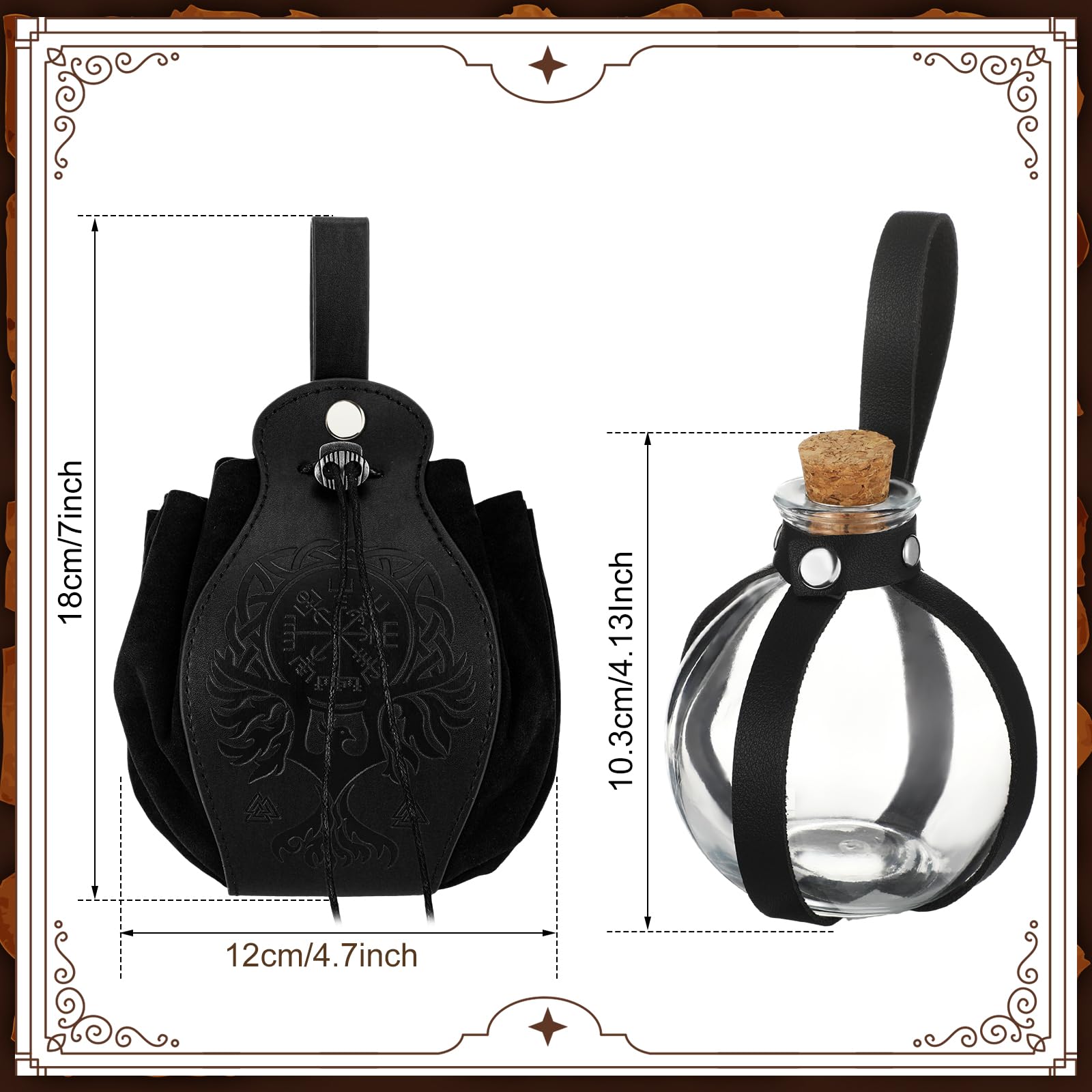 Sweetude 5 Pcs Medieval Belt Renaissance Costume Viking Leather Belt Pouch Arm Guard Potion Bottle (Black,Basic Style)