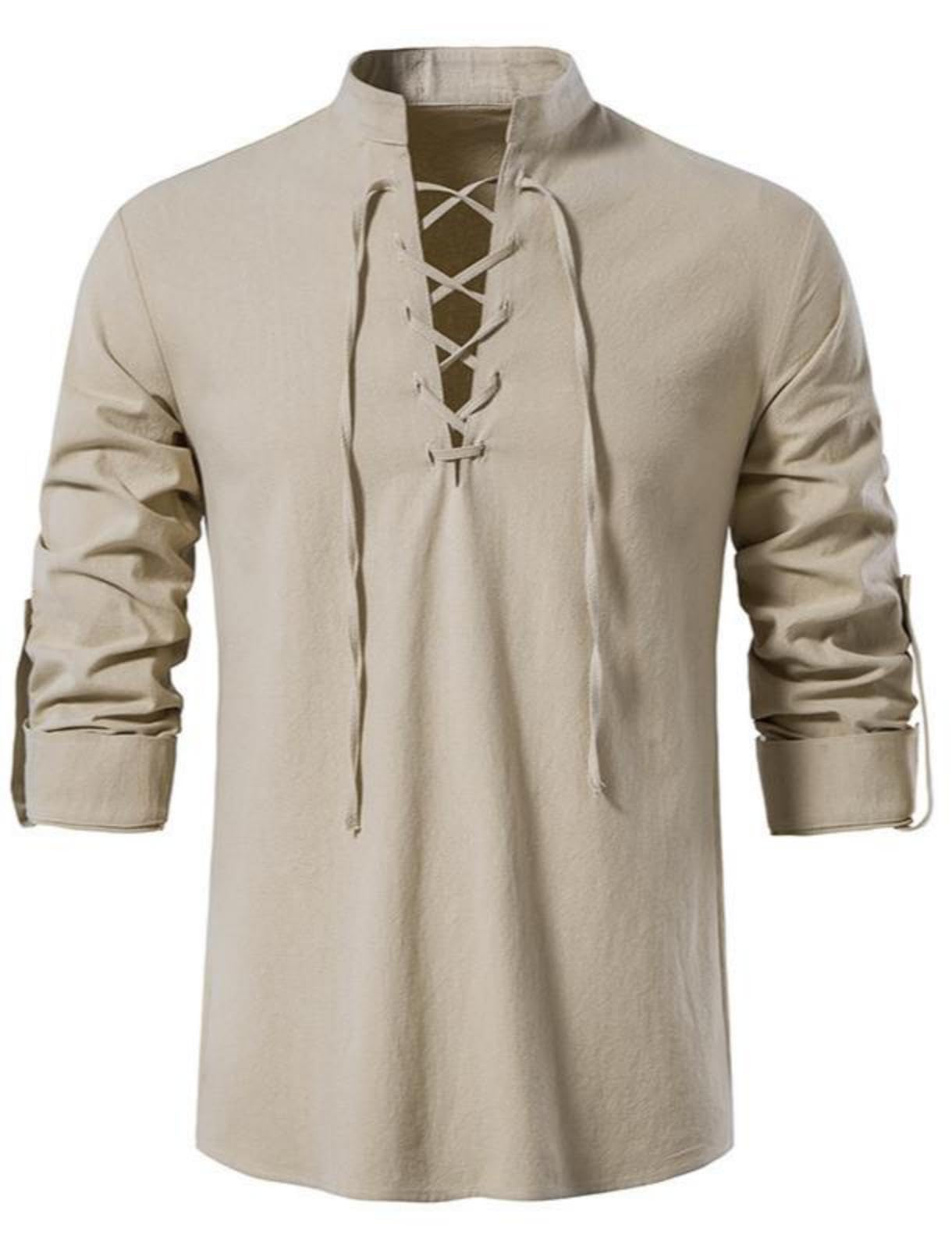 AIFARLD Men's Long Sleeve Shirts Retro Style Lace up for Medieval Viking Hippie Halloween Cosplay Pirate Renaissance Costume Khaki