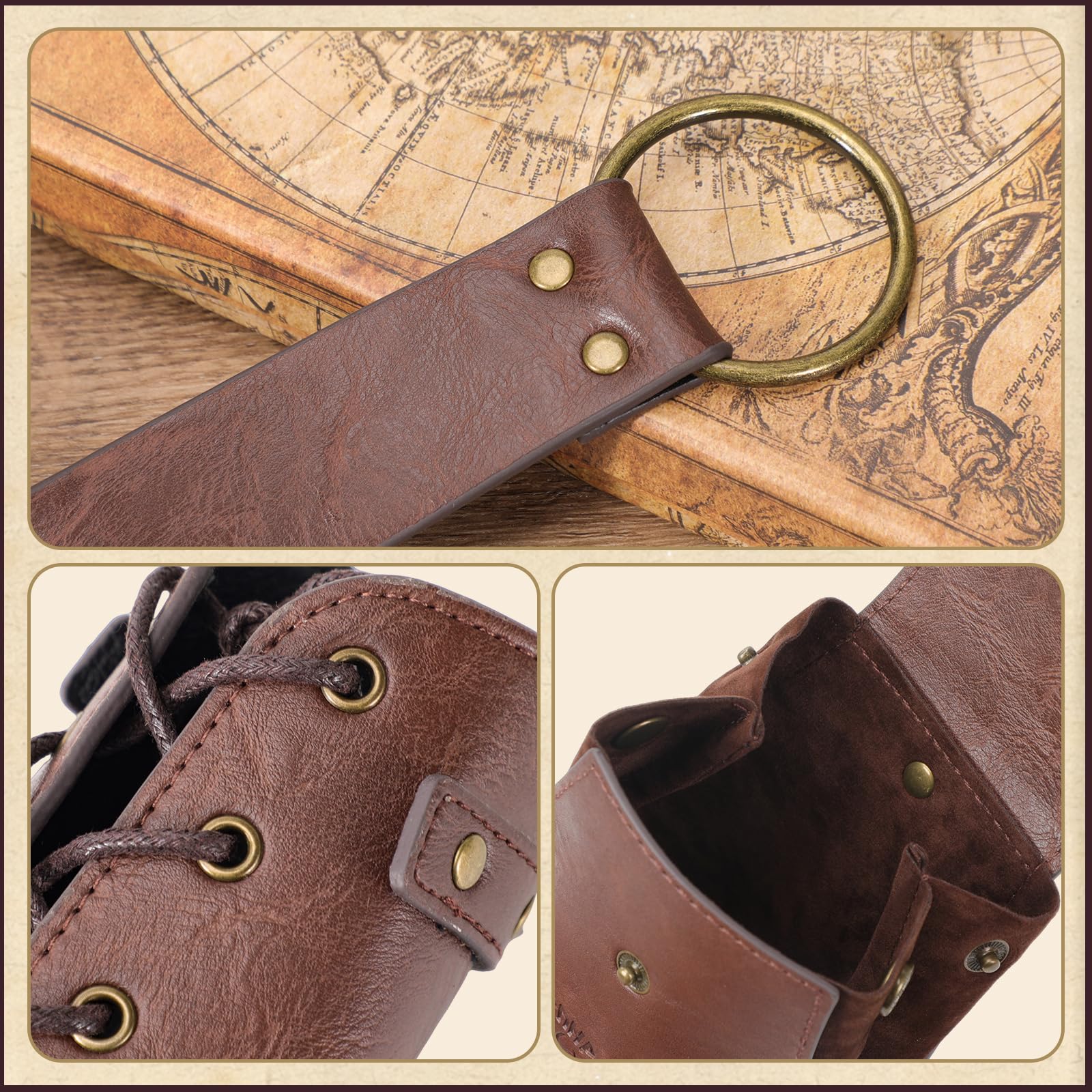 Berenlu 3 PCS Renaissance Accessories, Viking Renaissance Belt Medieval Vintage Belt Pouch, and Leather Bracers, Enhance Your Halloween Renaissance Cosplay with Medieval Accessories (Brown)