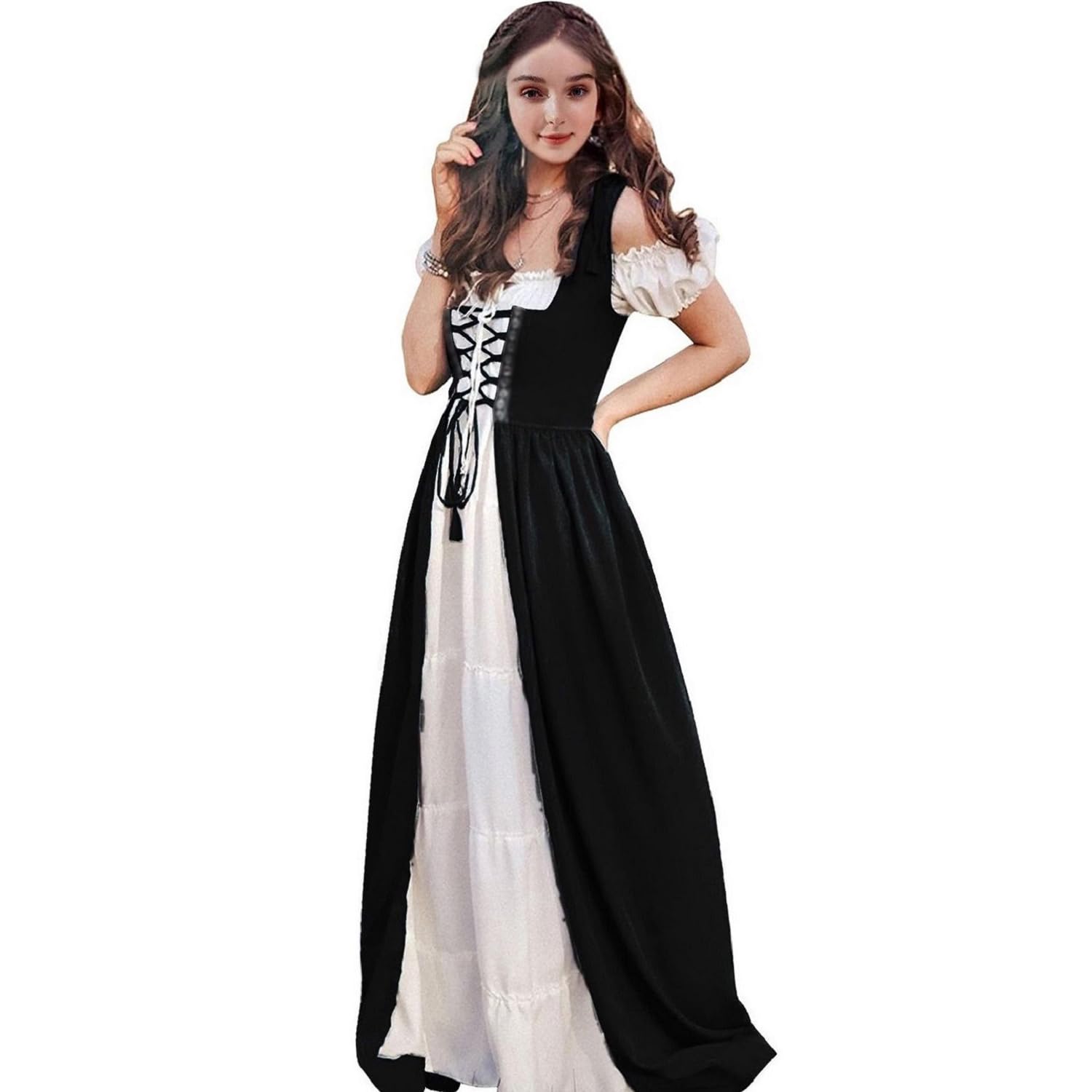 Abaowedding Women Medieval Costume Renaissance Lace Costume Cosplay Over Dress Short Sleeves