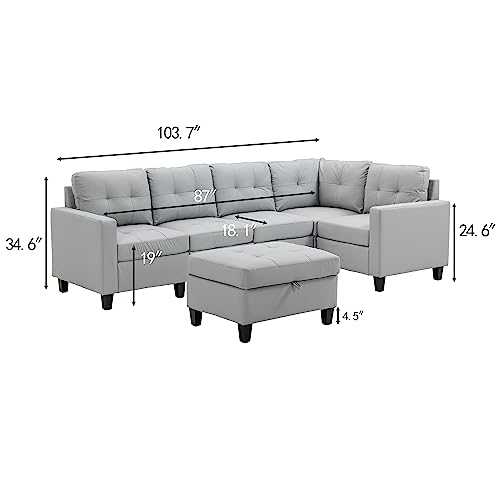 ERYE L-Shaped 5 Seaters Free Combined Couch for Home Apartment Office Living Room Set, Modular Corner Sectional Sofa with Cushions and Storage Ottoman,Easy to Assemble & Save Space, Gray PU
