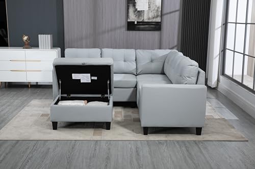 ERYE L-Shaped 5 Seaters Free Combined Couch for Home Apartment Office Living Room Set, Modular Corner Sectional Sofa with Cushions and Storage Ottoman,Easy to Assemble & Save Space, Gray PU