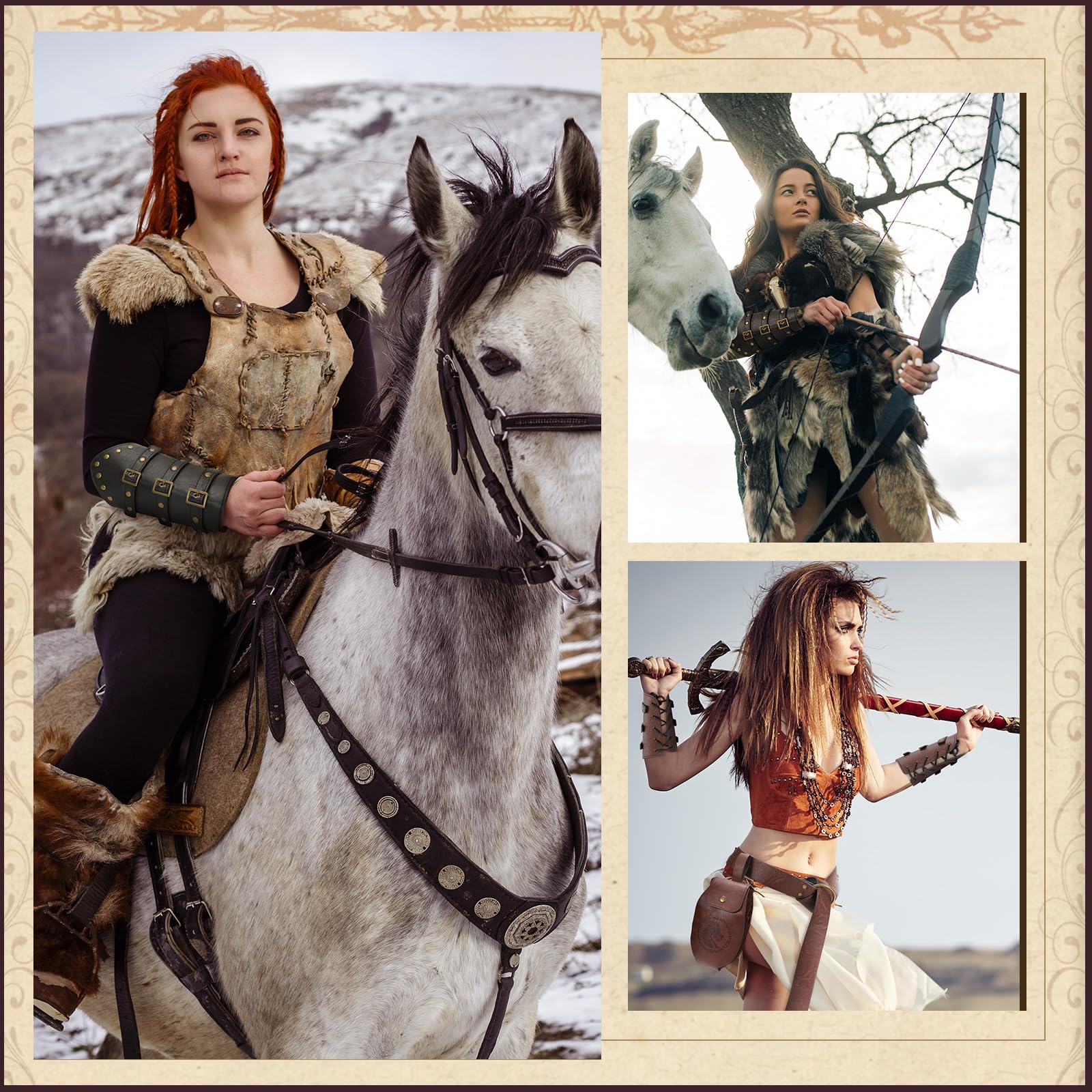 Berenlu 3 PCS Renaissance Accessories, Viking Renaissance Belt Medieval Vintage Belt Pouch, and Leather Bracers, Enhance Your Halloween Renaissance Cosplay with Medieval Accessories (Brown)
