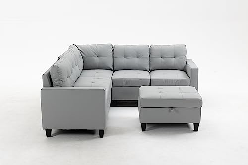 ERYE L-Shaped 5 Seaters Free Combined Couch for Home Apartment Office Living Room Set, Modular Corner Sectional Sofa with Cushions and Storage Ottoman,Easy to Assemble & Save Space, Gray PU