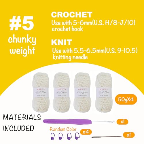 HISHUJUN, 20% Wool 80% Acrylic Wool Yarn, 4 Skeins, Soft Chunky Weight #5 for Crochet and Knitting, Each Skein1.76Oz (50g) / 55 Yrds (50m) (23 - Limestone)