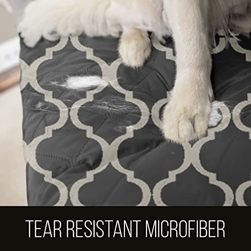 Sofa Shield Couch Slip Cover with Patented Strap, Cushion Protector, Reversible Stain and Dog Tear Resistant Slipcover, Quilted Microfiber 70β Seat Washable Covers, Pet Dogs Quatrefoil Charcoal Linen