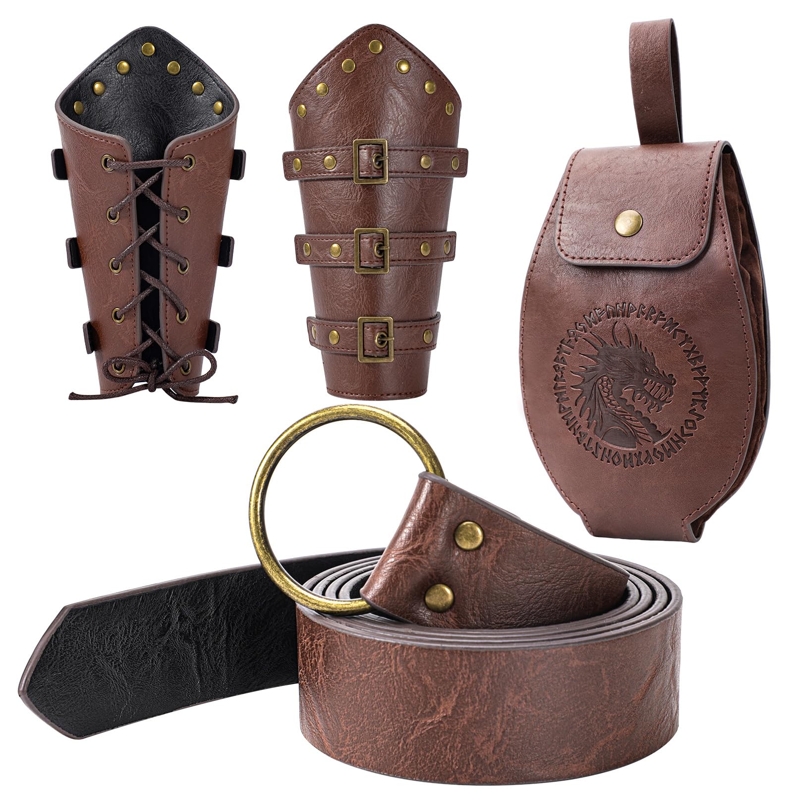 Berenlu 3 PCS Renaissance Accessories, Viking Renaissance Belt Medieval Vintage Belt Pouch, and Leather Bracers, Enhance Your Halloween Renaissance Cosplay with Medieval Accessories (Brown)