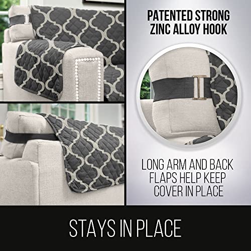 Sofa Shield Couch Slip Cover with Patented Strap, Cushion Protector, Reversible Stain and Dog Tear Resistant Slipcover, Quilted Microfiber 70β Seat Washable Covers, Pet Dogs Quatrefoil Charcoal Linen