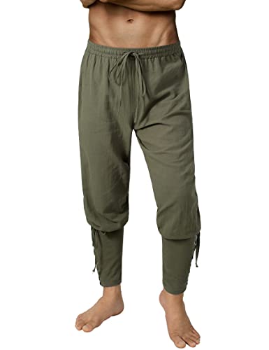 Men's Viking Pirate Pants - Ankle Banded Renaissance Trousers for Medieval Cosplay Army Green 40 3XL